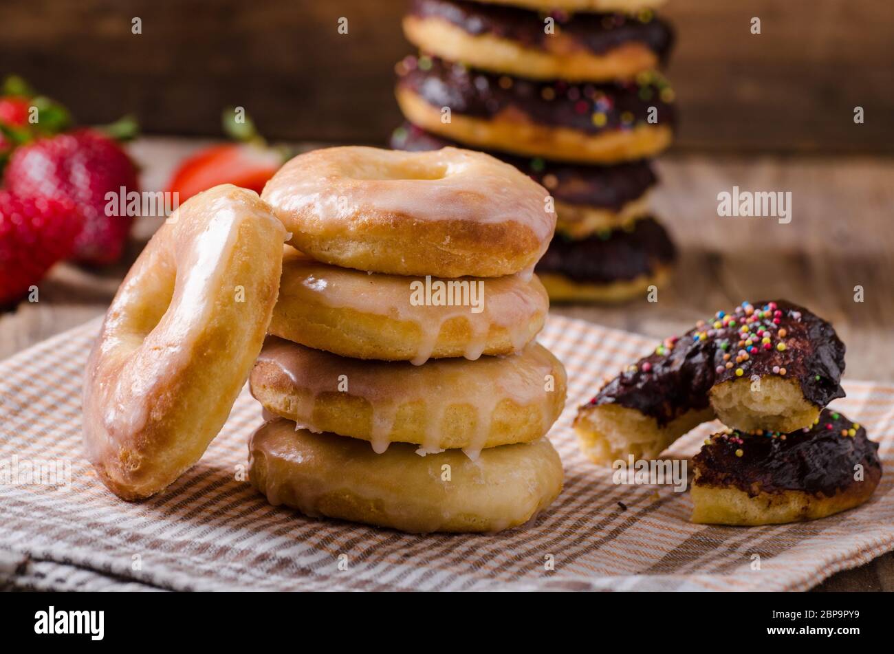Homemade donuts with sugar and chocolate, rustic dipped Stock Photo - Alamy