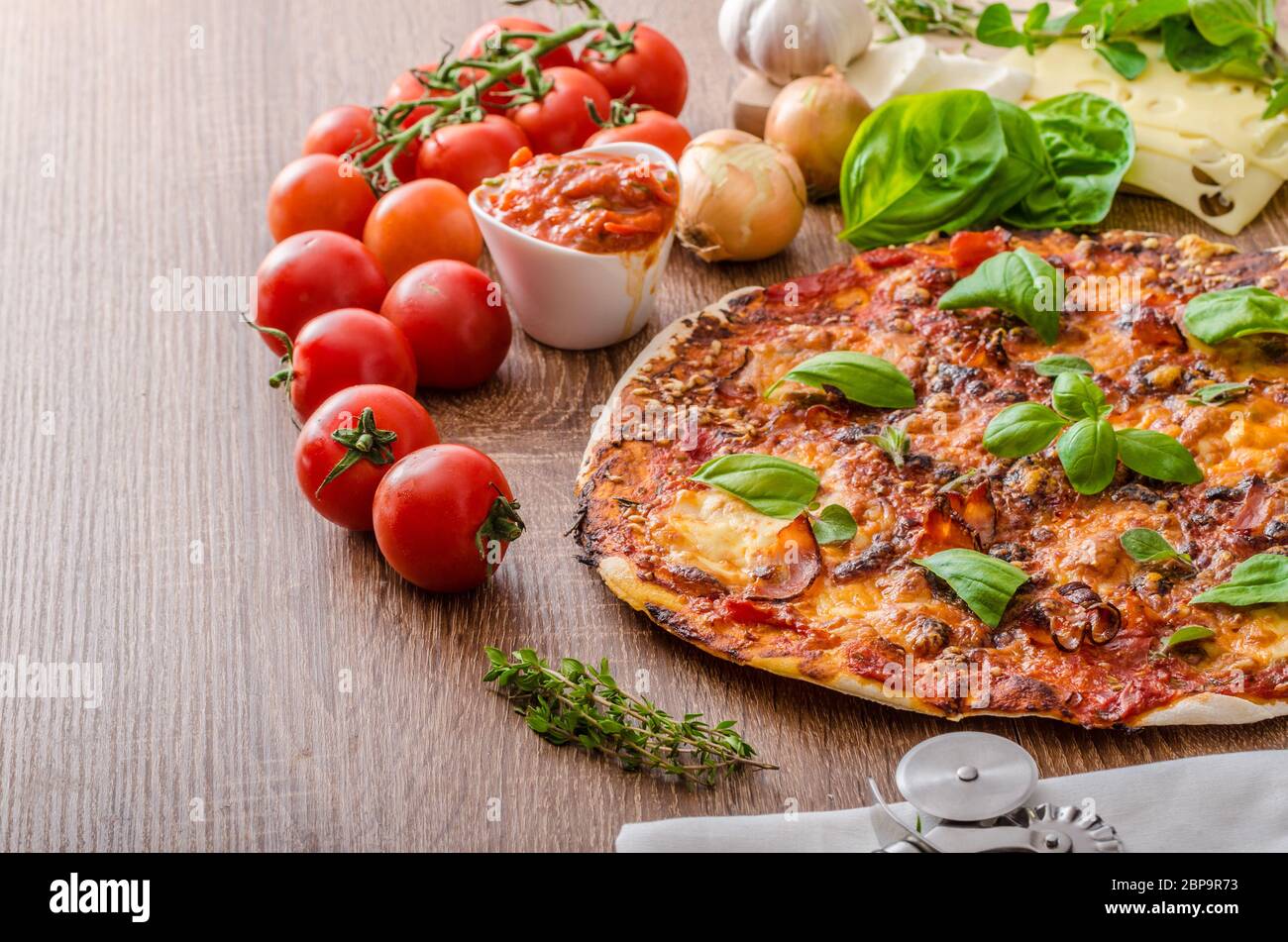 Cheese pizza with fresh tomato and chilli, basil, hot spicy sause Stock ...