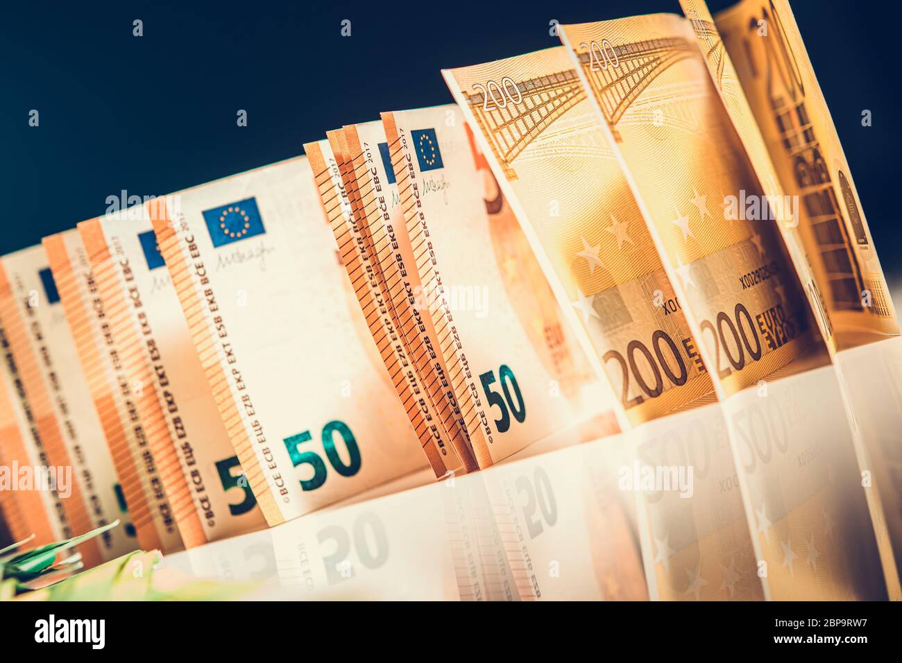 Different Denominations Of Euro Foreign Currency Banknotes Organized In ...