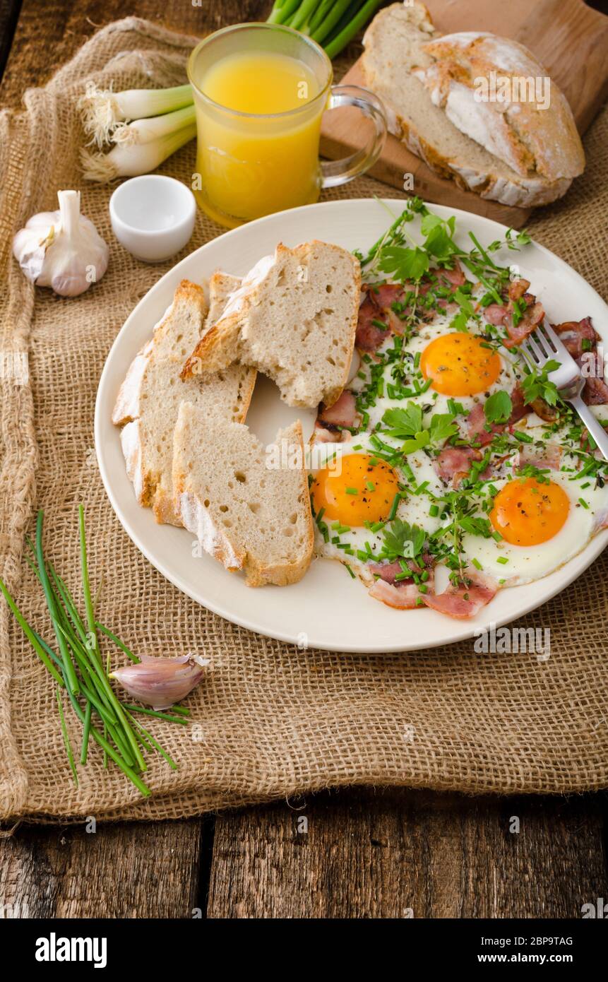 Spring omelette with bacon, egg and herbs, homemade rustical bread ...