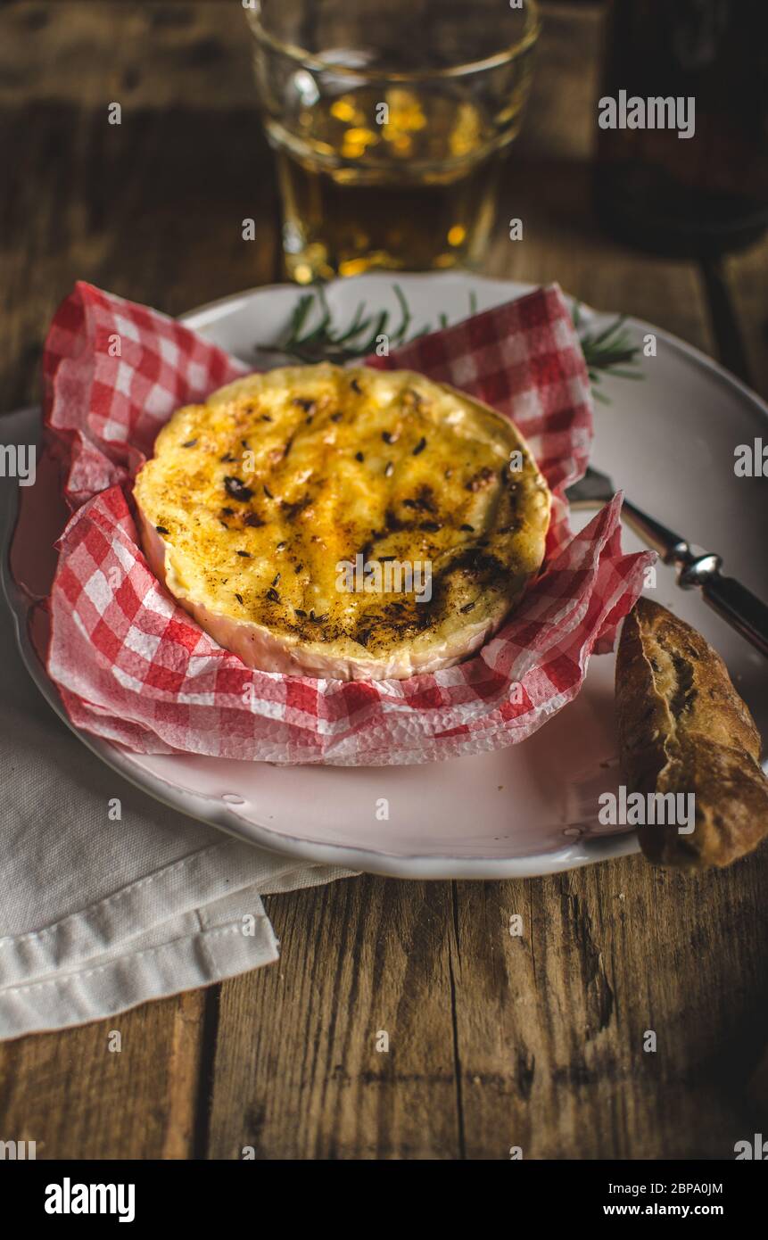 Grilled camembert with herbs and garlic, czech delicious beer, dark ...
