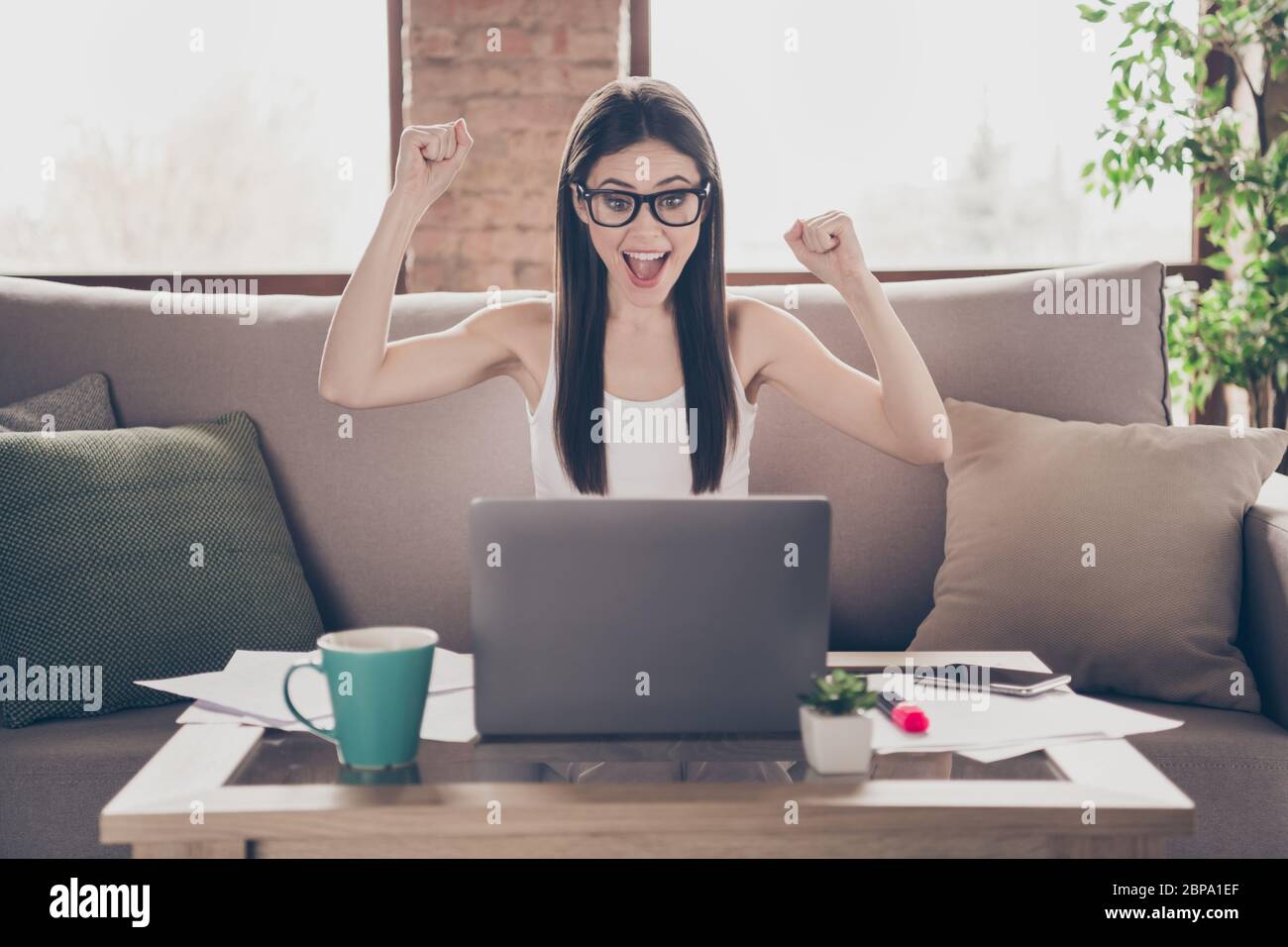 Portrait of positive marketer girl work home laptop read partners ...