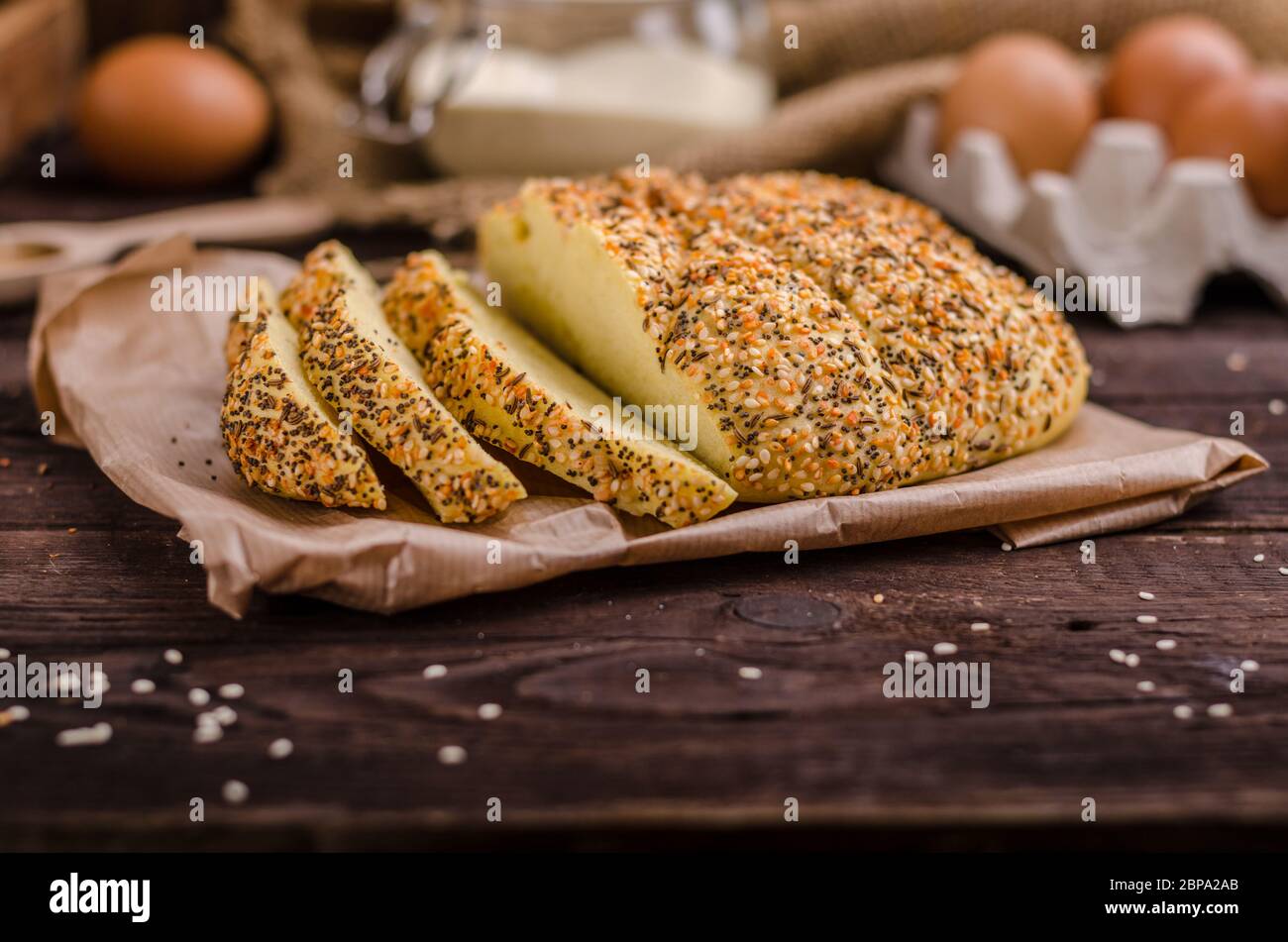 Homemade bread, product photo, selective focus, others pastries behind ...