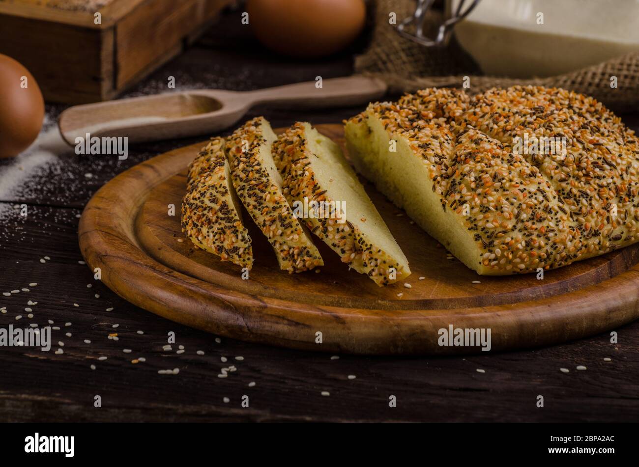 Homemade bread, product photo, selective focus, others pastries behind ...