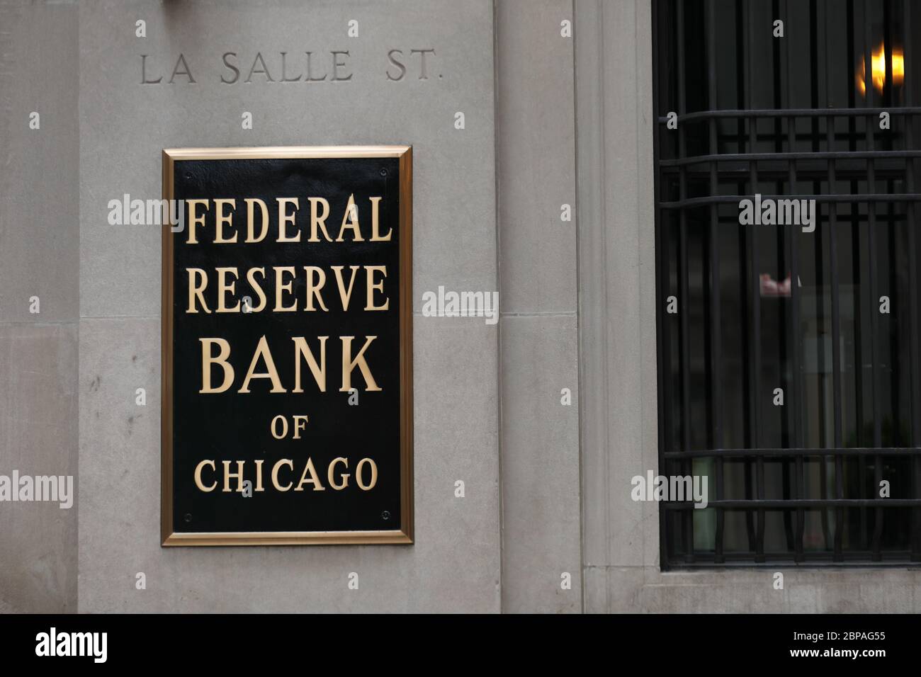 Federal Reserve Bank of Chicago plaque on the outside of the building ...