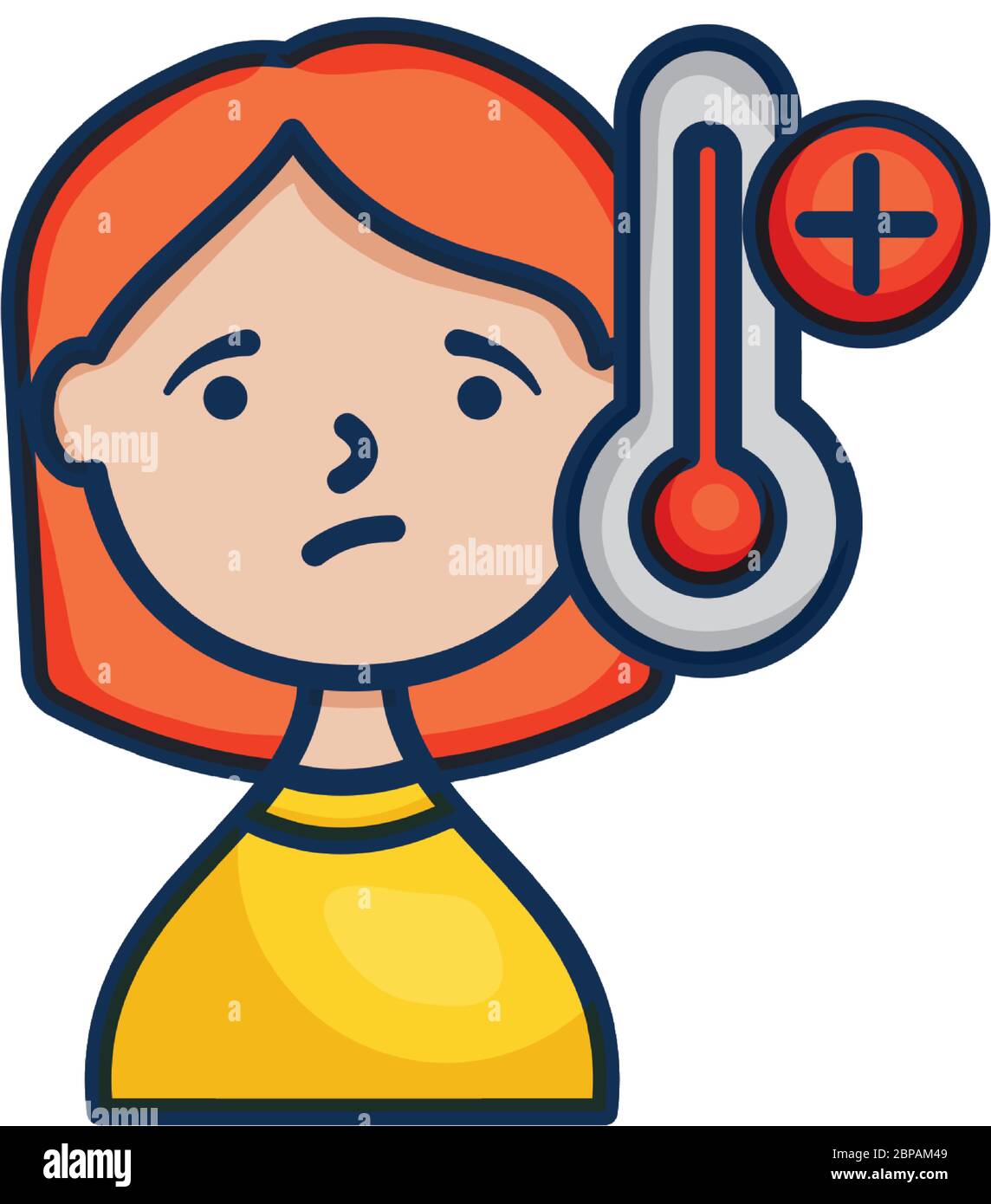 cartoon woman with fever icon over white background, line color style ...