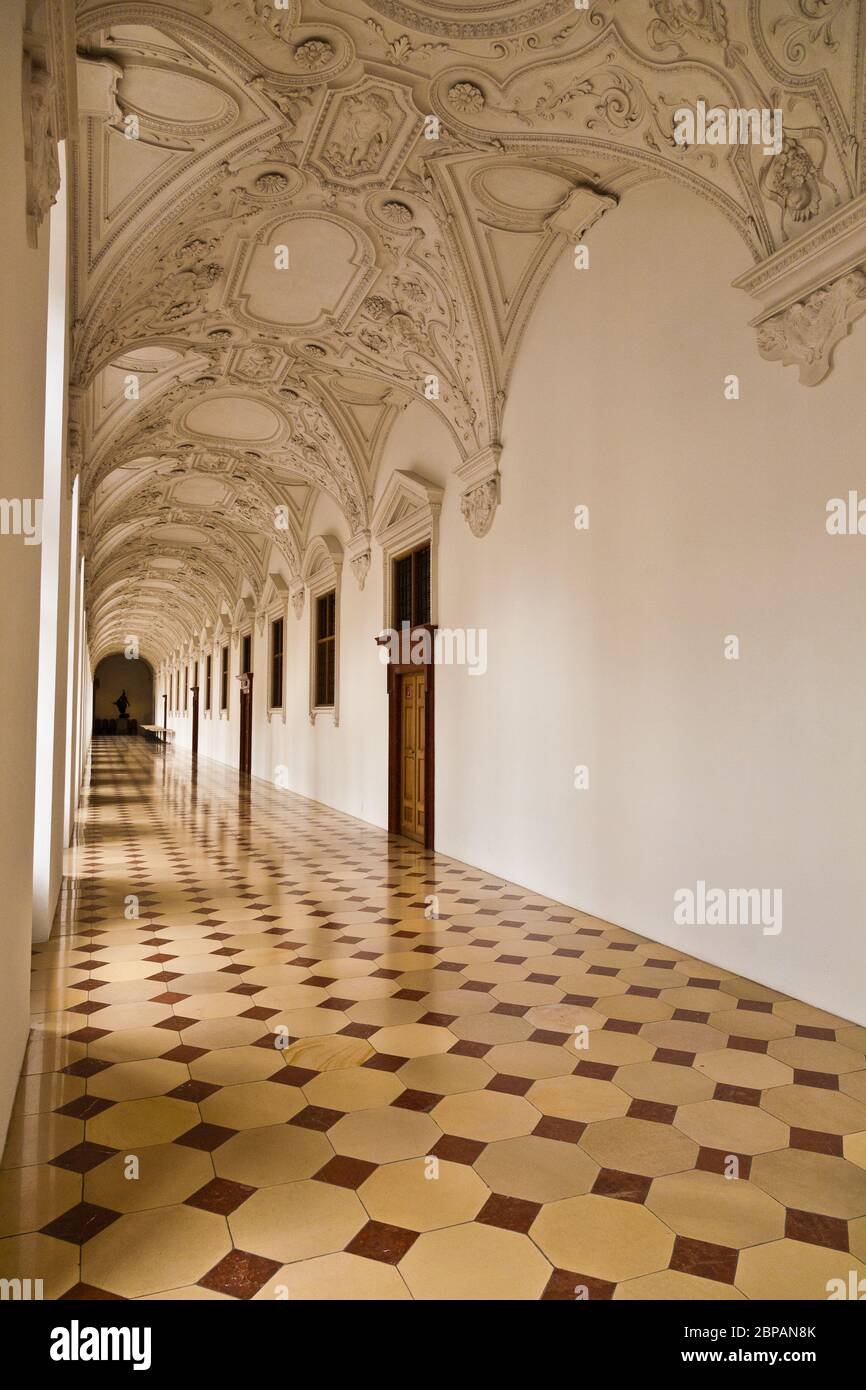 A corridor with a decorative ceiling in the Residenz Museum, Munich ...