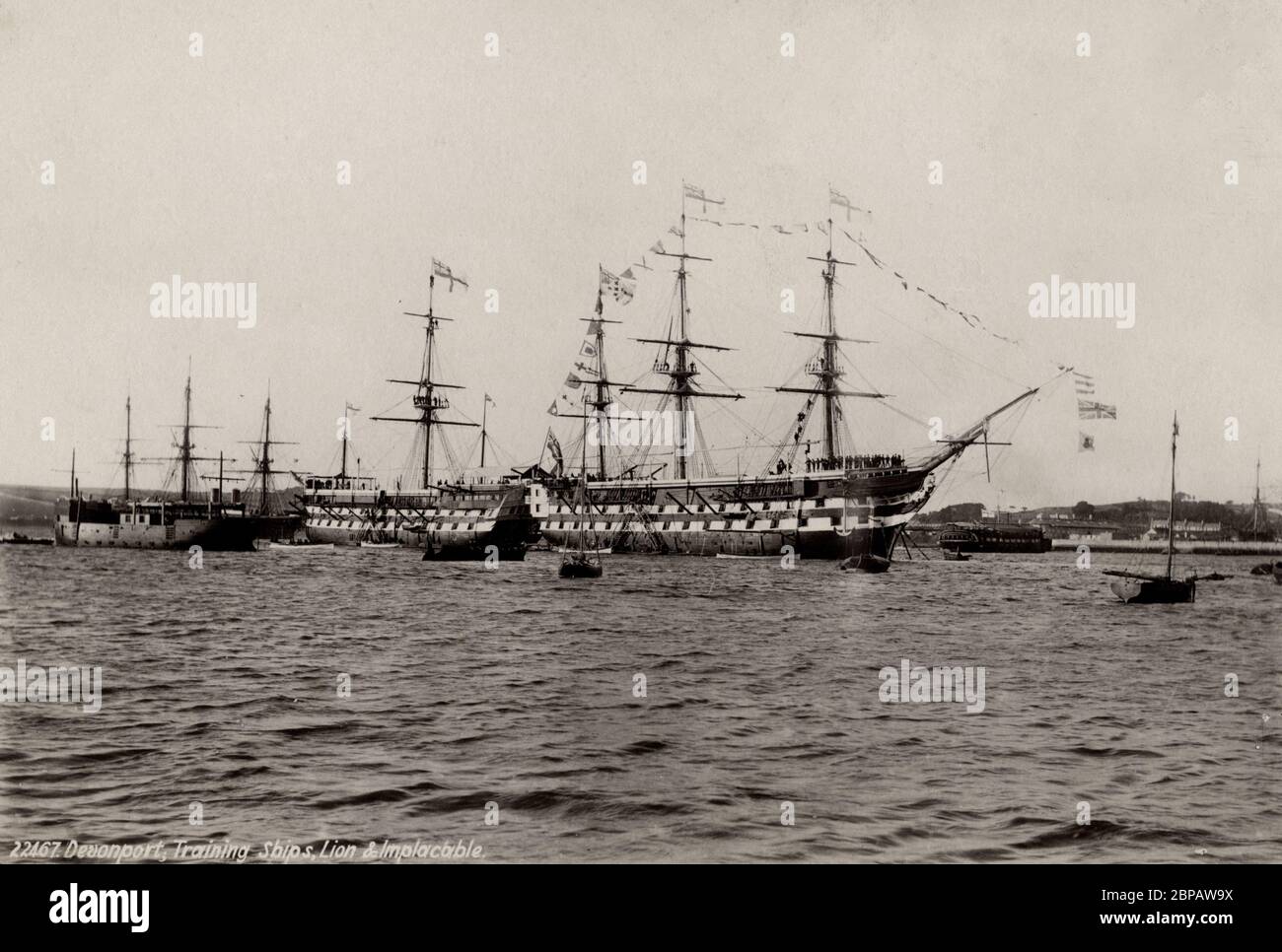 Royal Navy training ships Implacable and Lion, anchored in Devenport ...