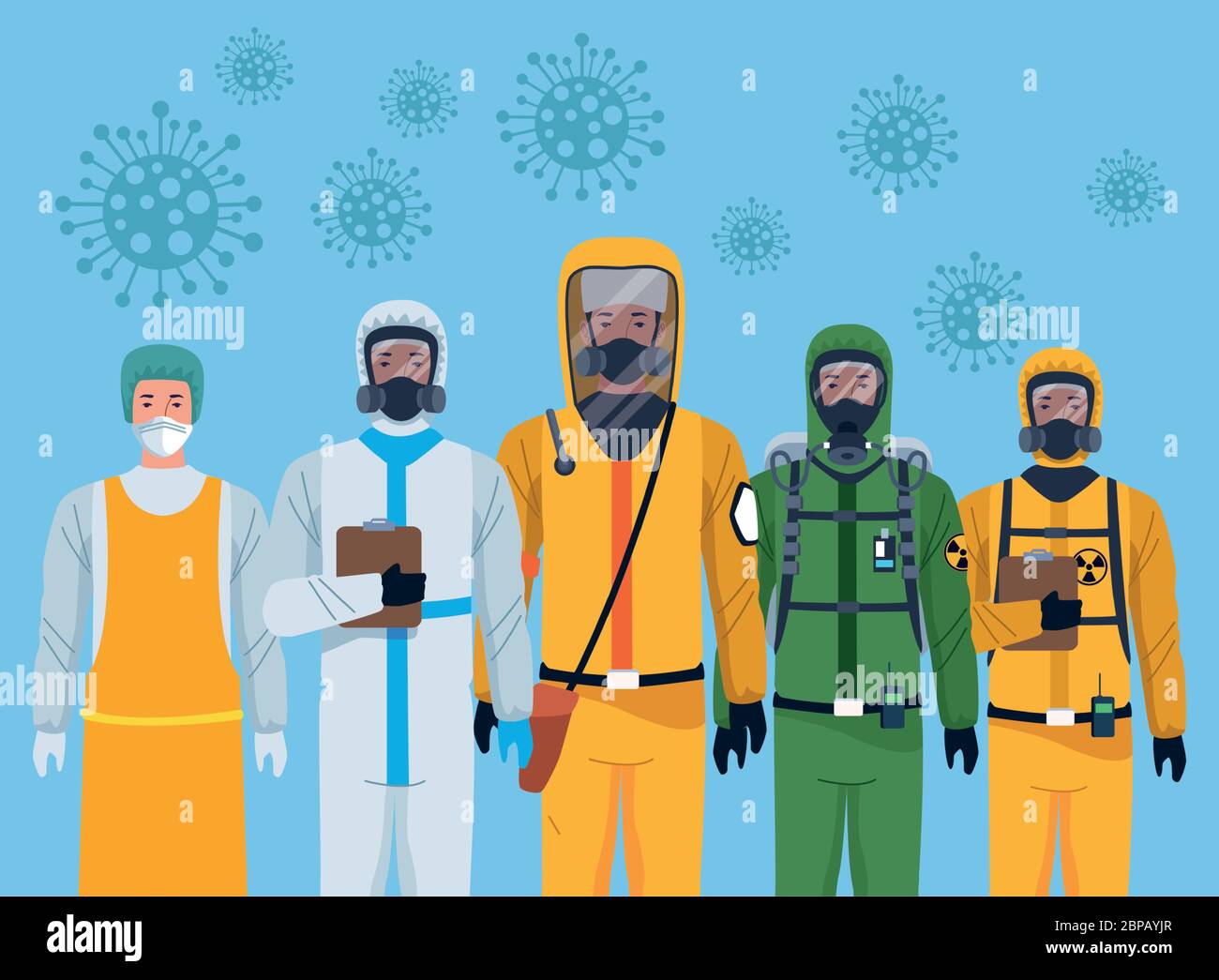 group of workers using protection virus suits and covid19 particles ...