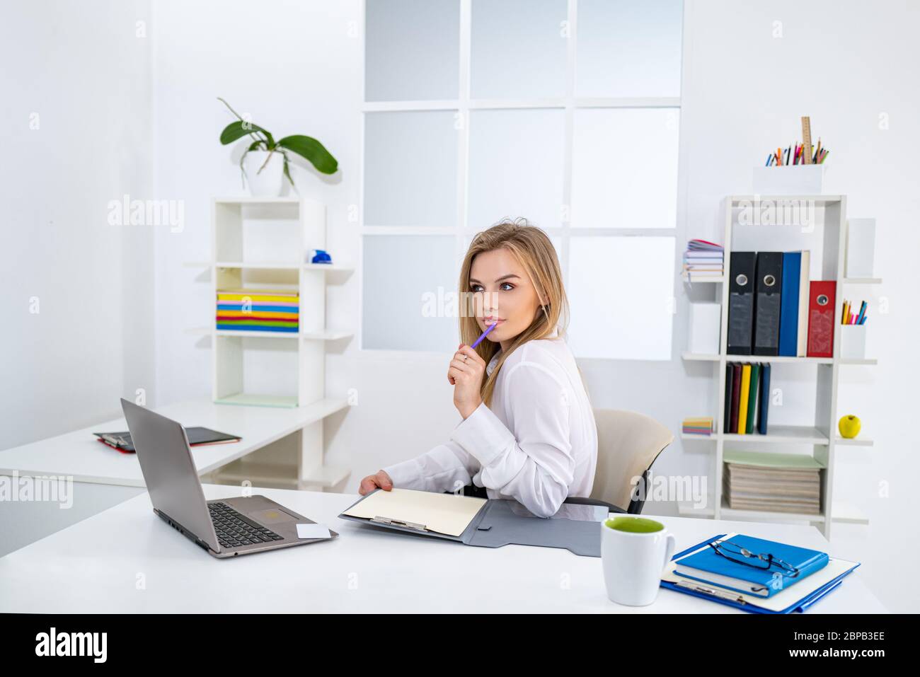 Beauty business woman at office. Gorgeous blond secretary woman writing ...