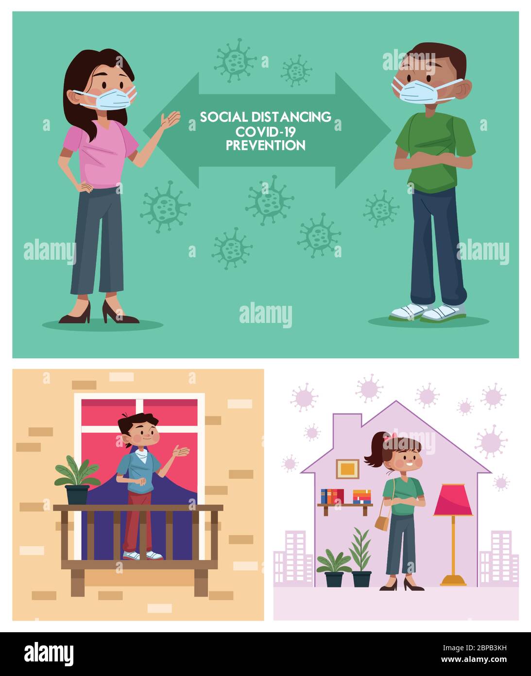 people using face masks and practicing social distance and stay at home ...