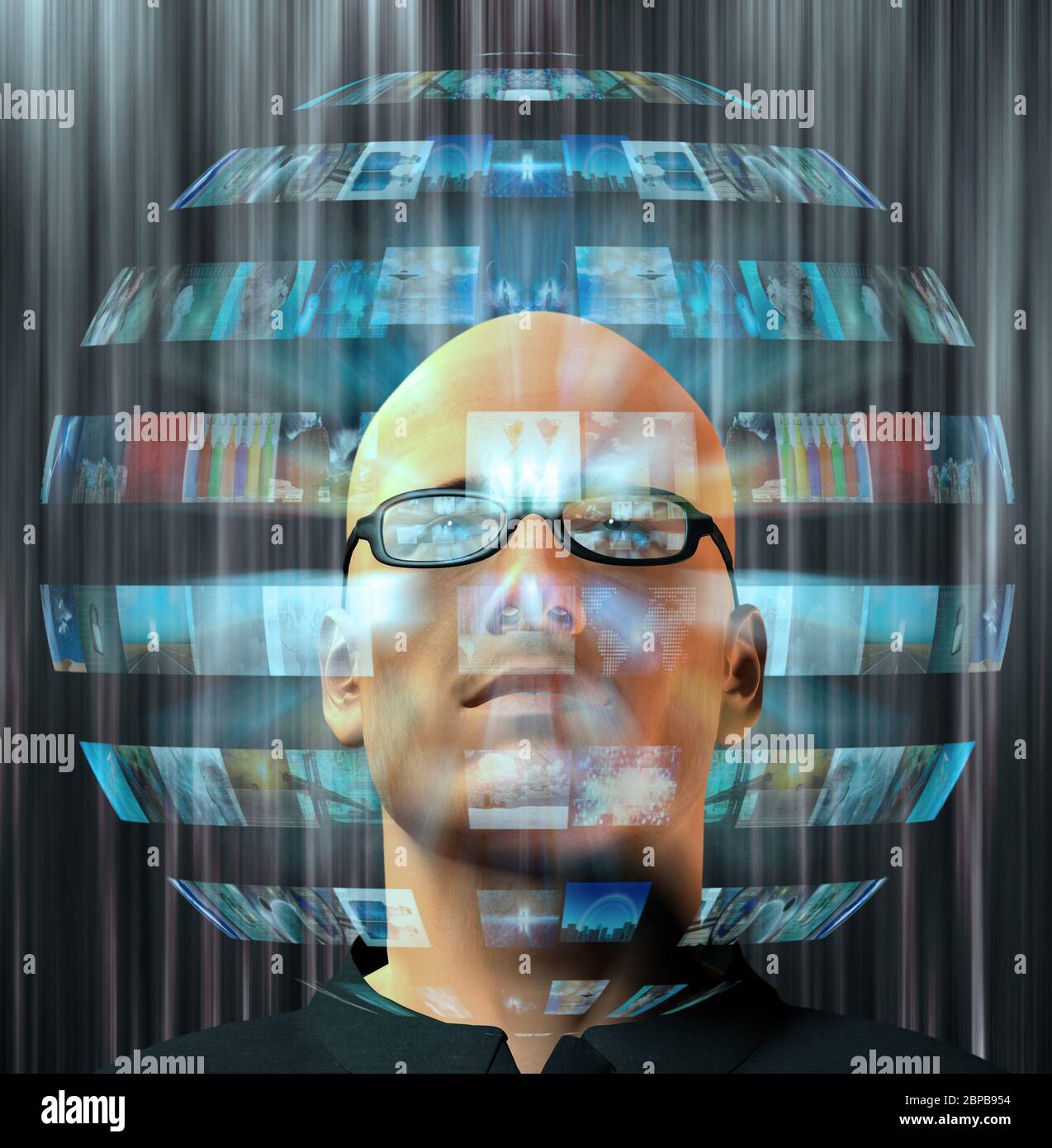 Sphere of images surround mans head Stock Photo - Alamy