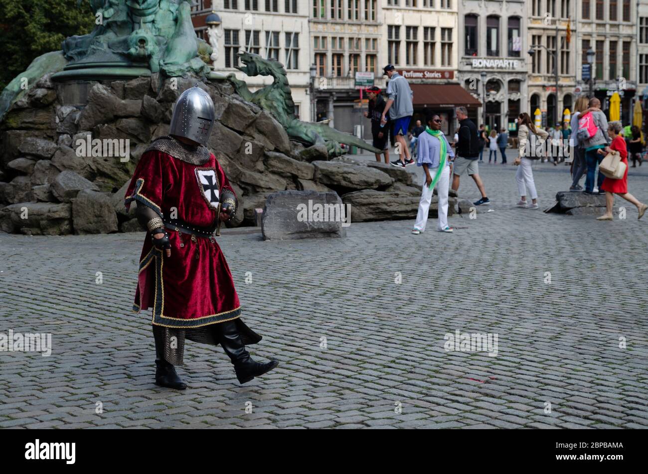 Antwerp, Flanders, Belgium. August 2019. An actor in medieval knight ...