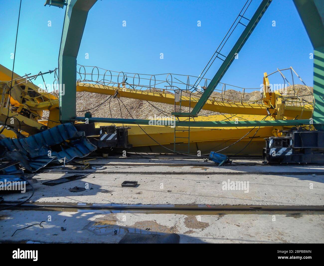 Harbor Crane collapse. Fallen port crane after a strong storm. A large ...
