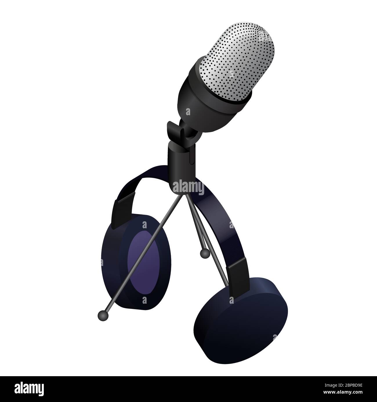Headphones with a microphone on a tripod. set of microphone and ...