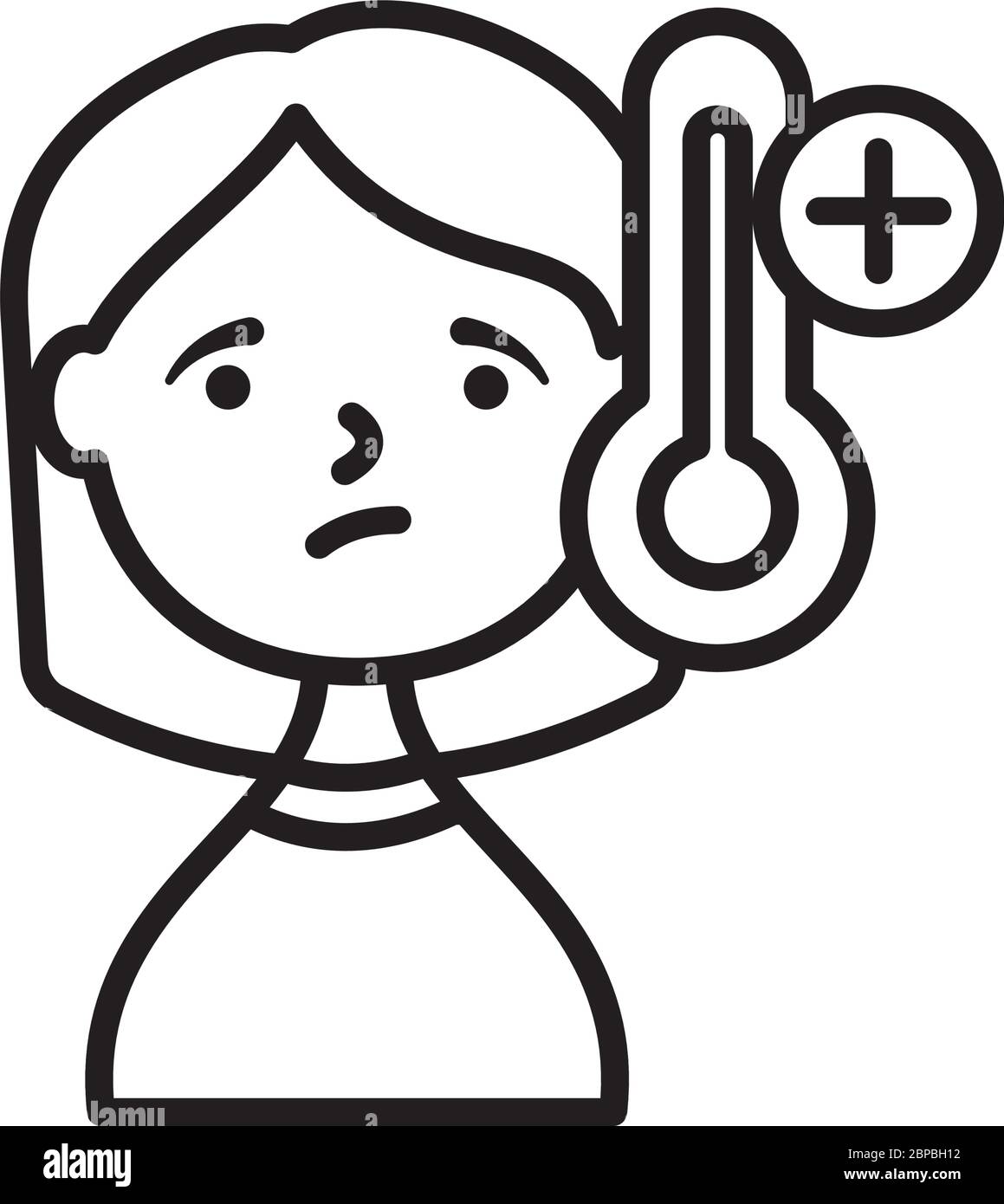 cartoon woman with fever icon over white background, line style, vector ...
