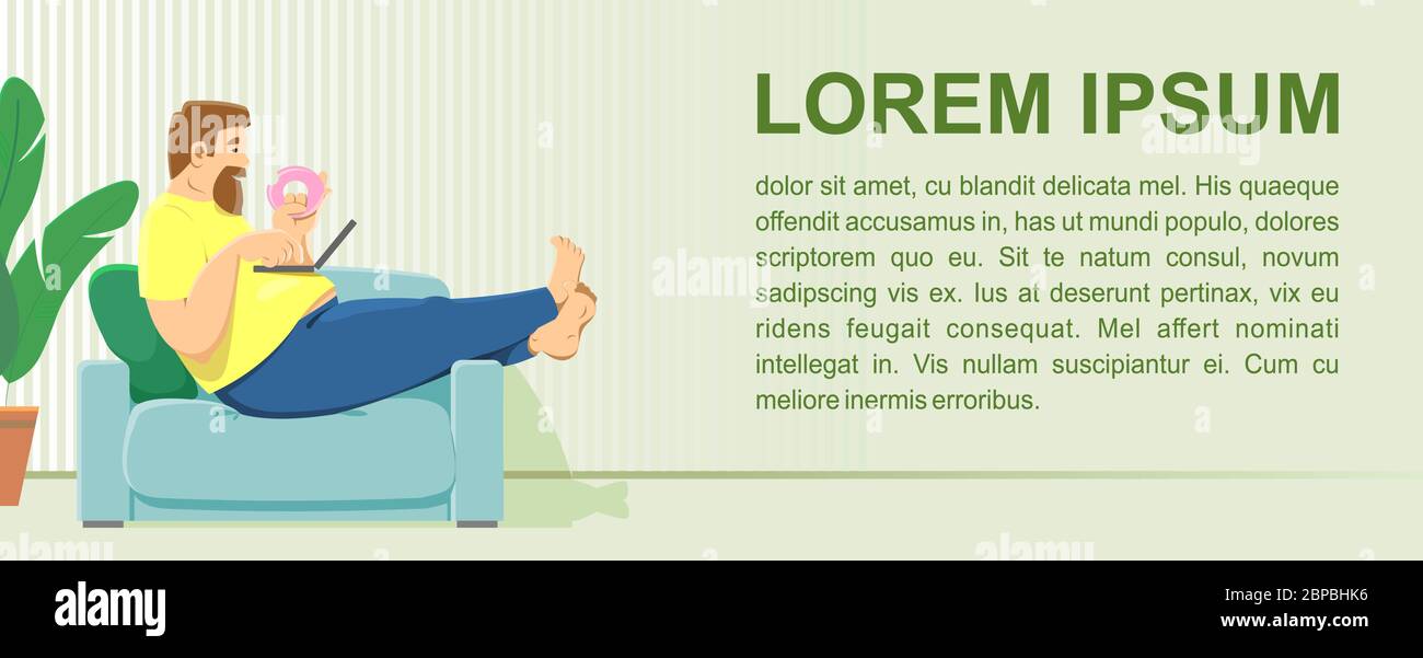 Fat man sitting on a sofa with a laptop on his stomach, eating a donut ...