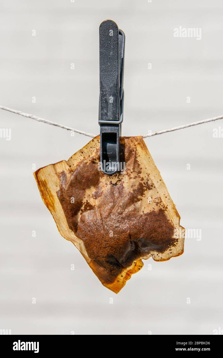 Tea bag drying on a clothes line for re-use Stock Photo - Alamy