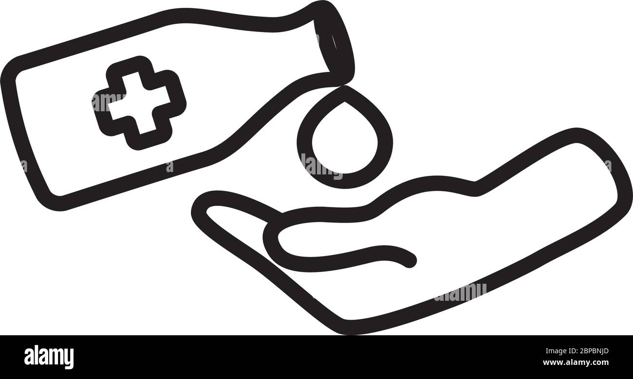 hand and alcohol bottle icon over white background, line style, vector ...
