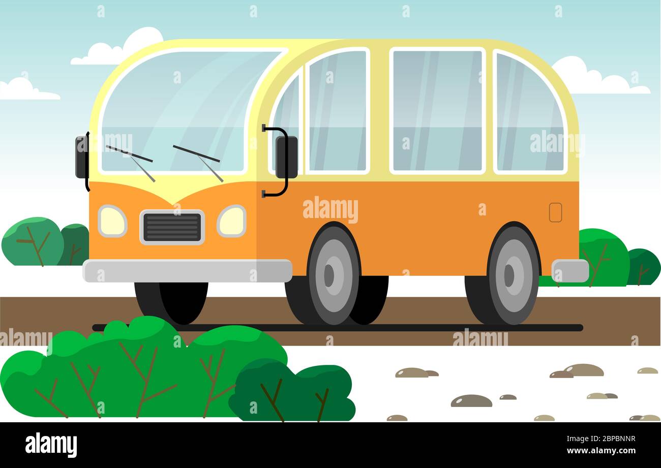 stylized retro minivan rides on the road; yellow-orange minivan Stock ...