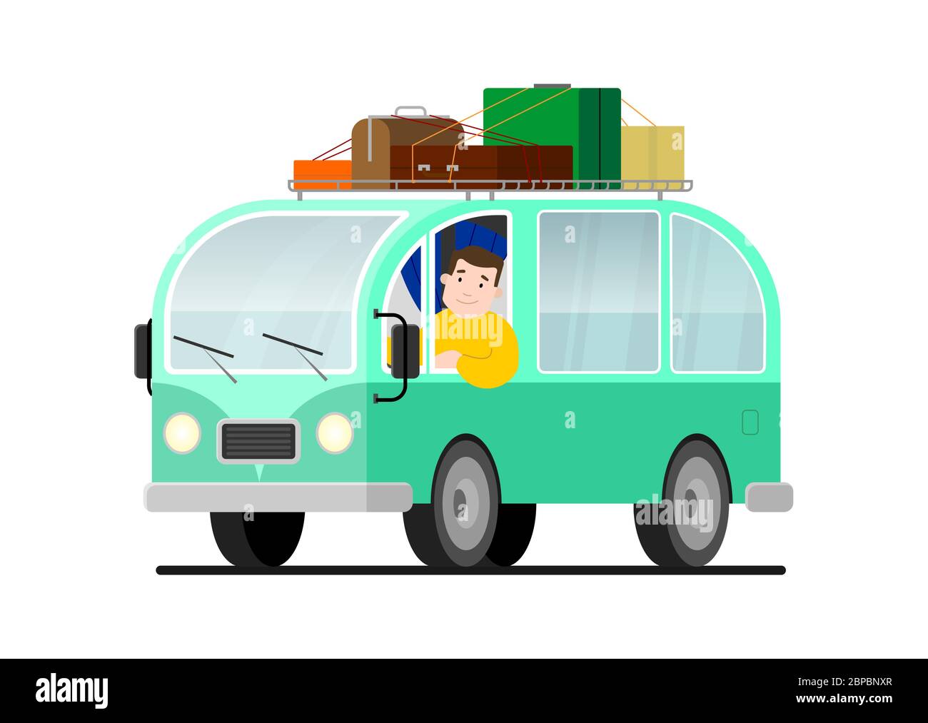 Minivan travel a man drives a car. Happy cartoon man in a retro minivan ...