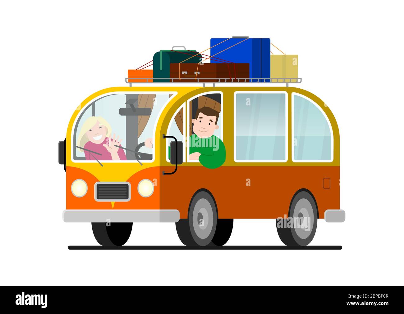 Family travel on a minivan; a man drives a car, a woman waves her hand ...