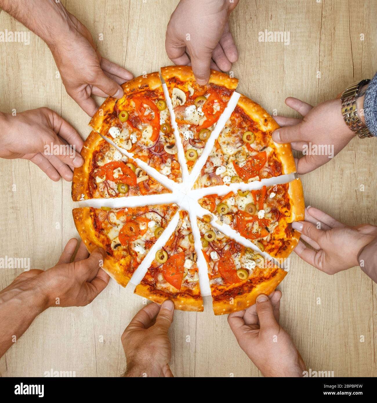 Big delicious pizza is nice dish for dinner or lunch. Closeup picture ...