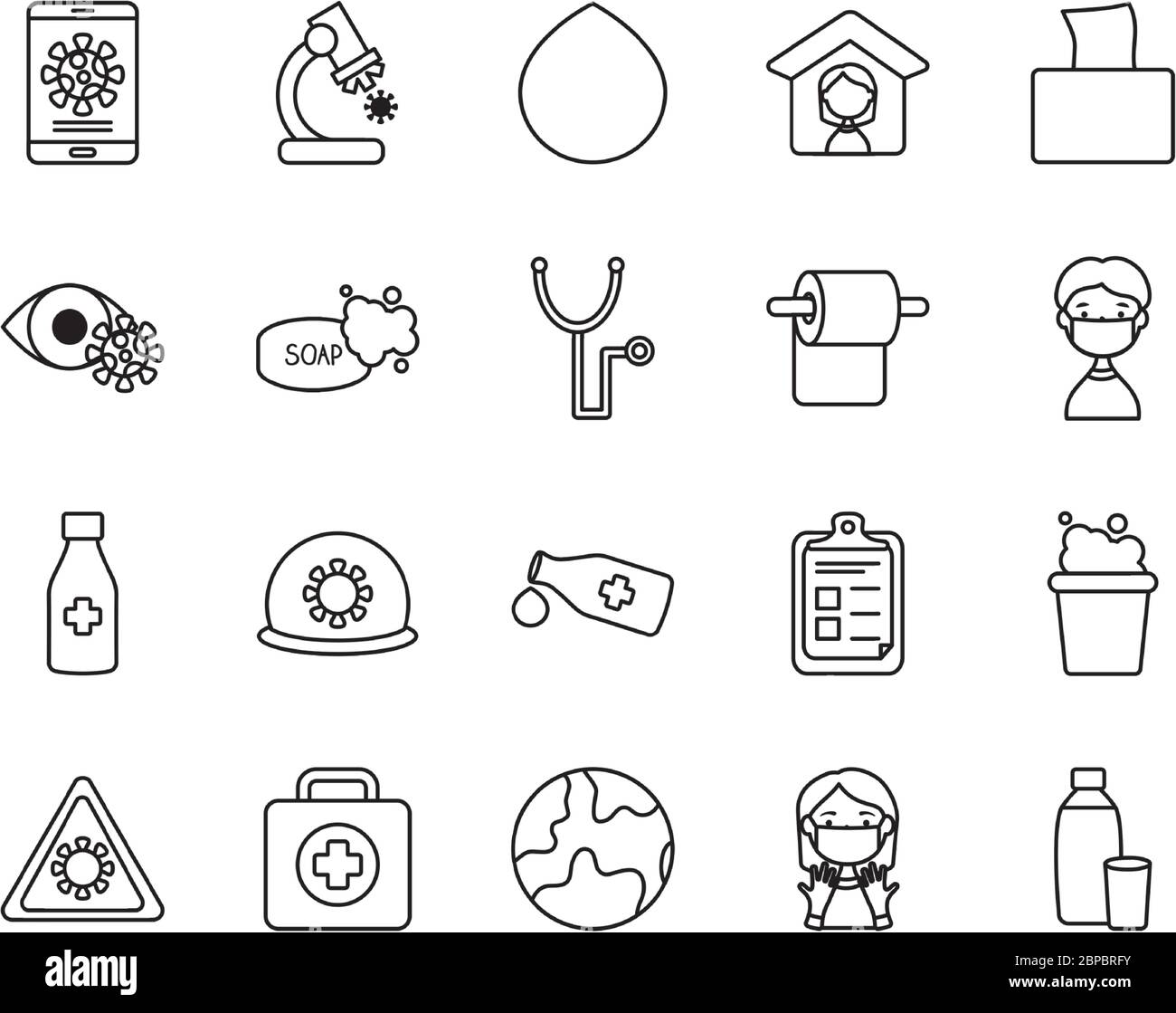 water drop, virus and medicine icon set over white background, line ...