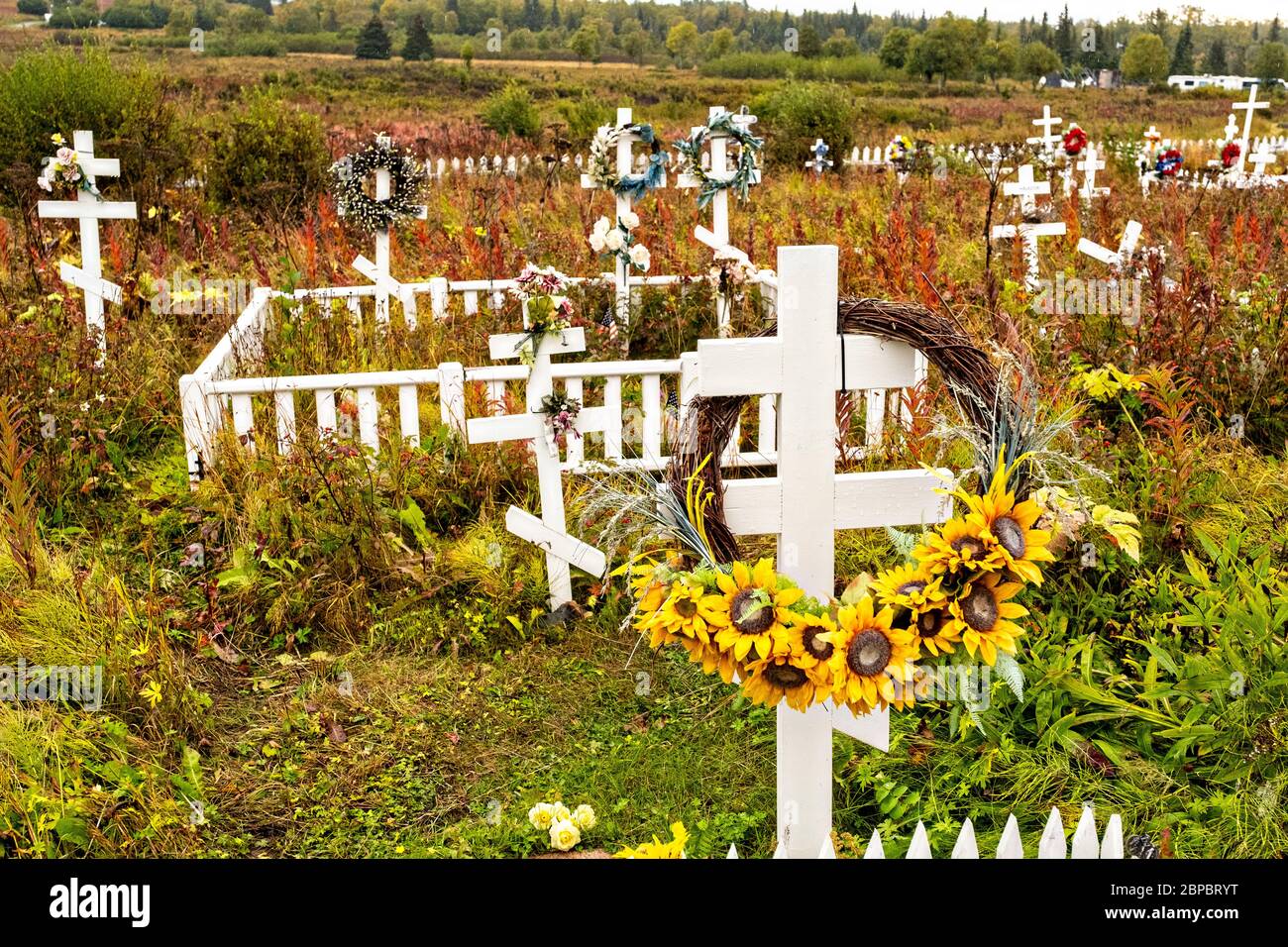 Russian Orthodox crosses mark gravesites in the cemetery surrounding ...
