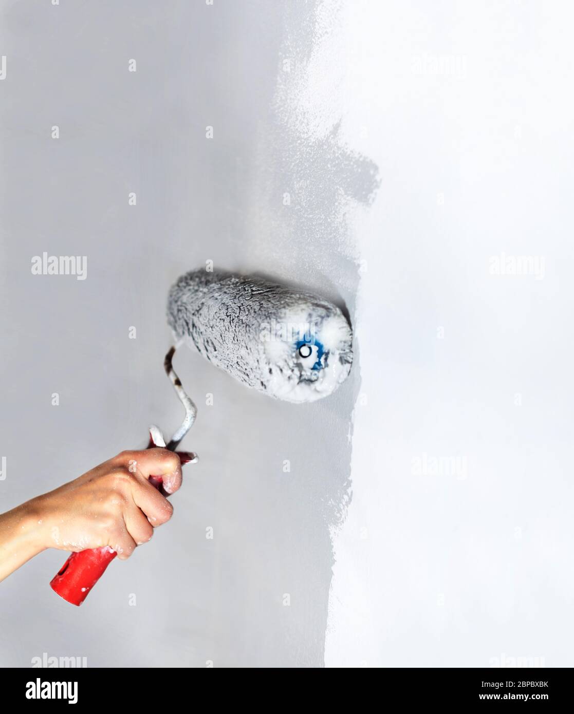 Human hand with large roller of paint begins to paint a white wall ...