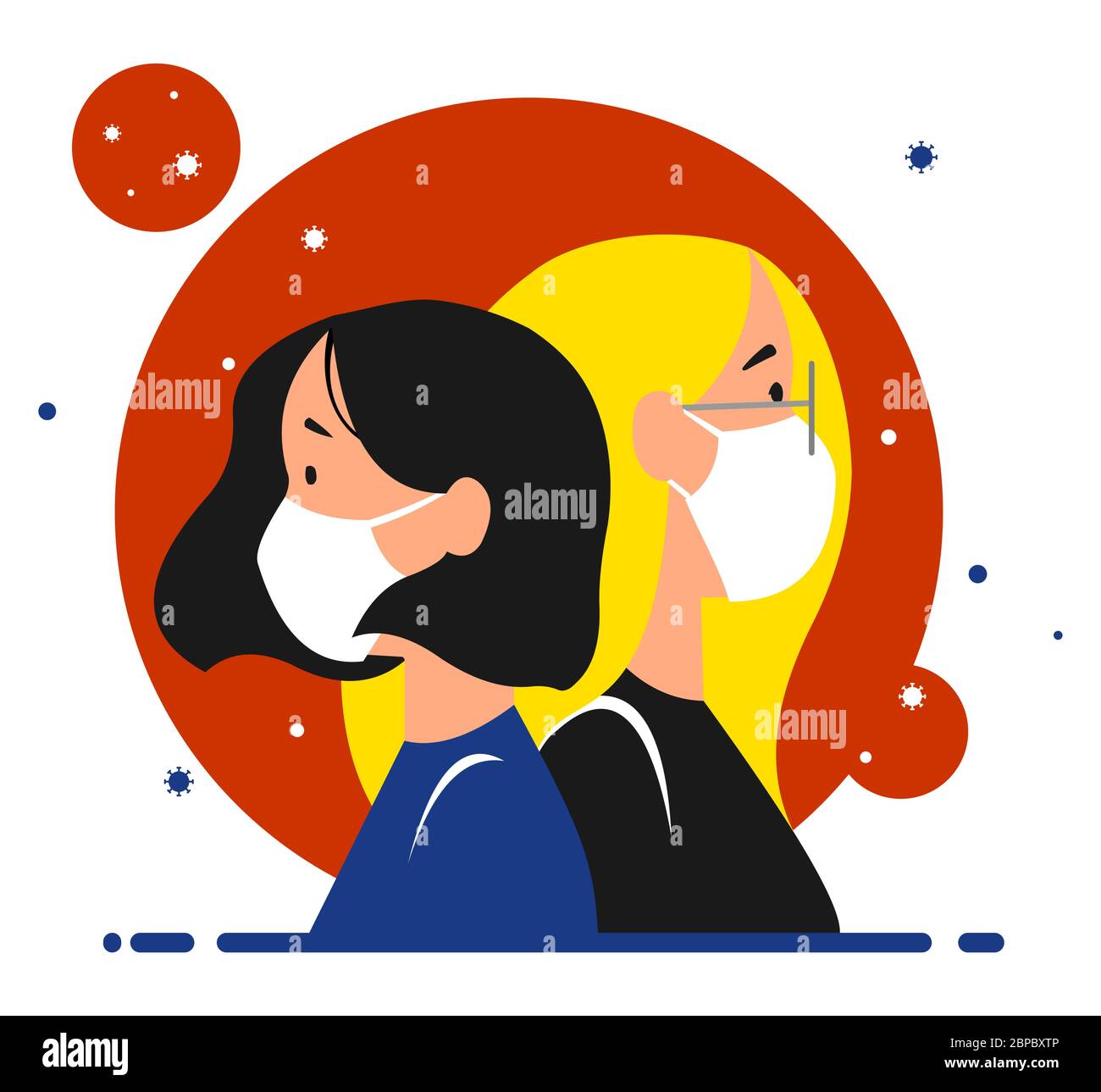 Two girls in medical masks stand back to back. The viruses around them ...