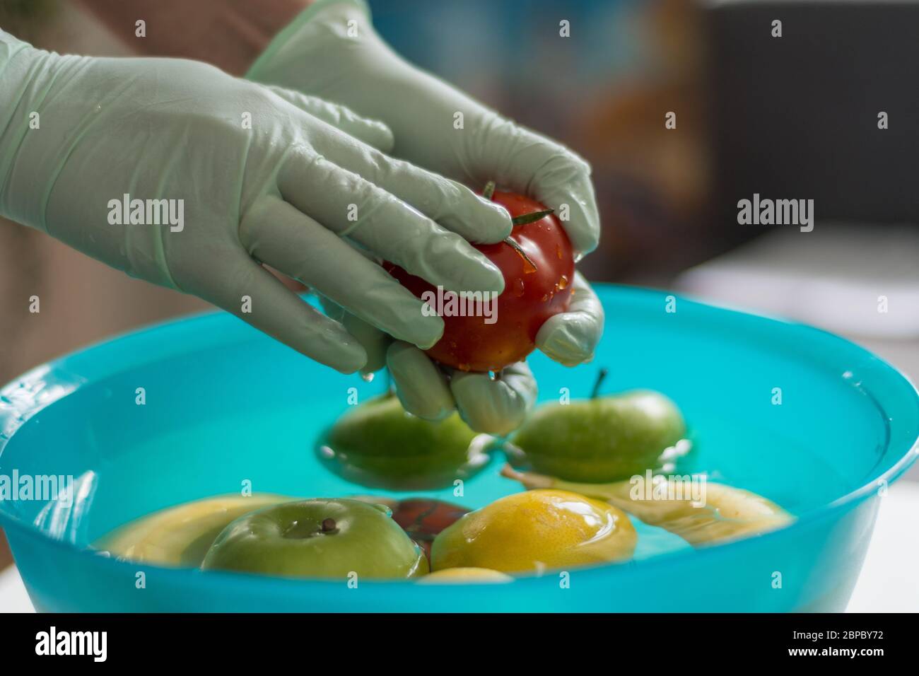 Washing fruits in a bowl with plastic gloves. Fruits are placed on ...