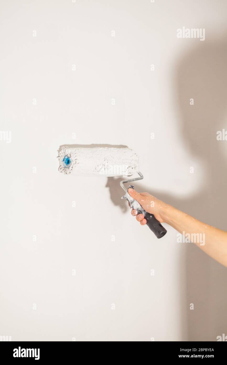 Human hand with large roller of paint begins to paint a white wall ...