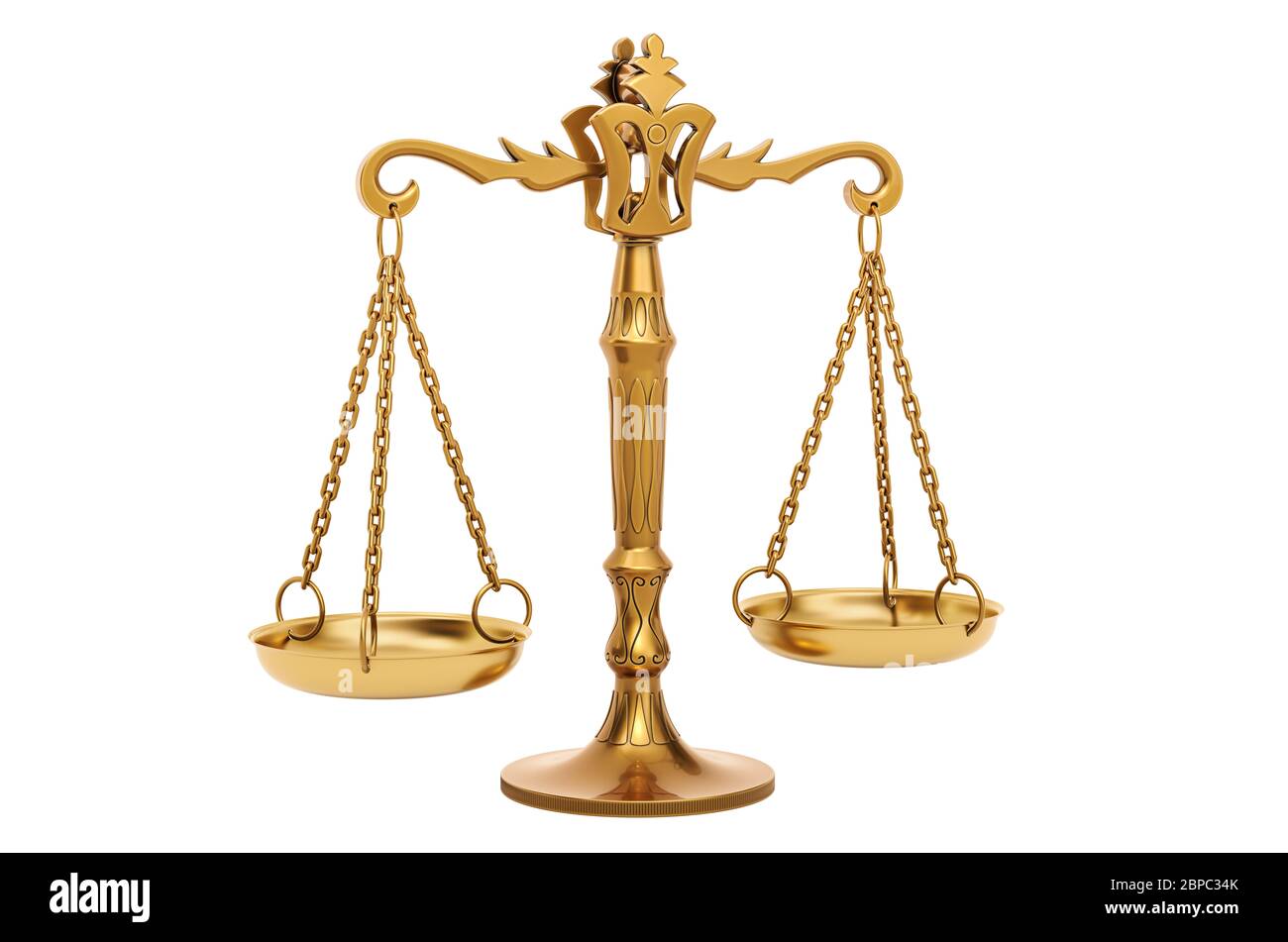 Scales of Justice closeup, 3D rendering isolated on white background ...