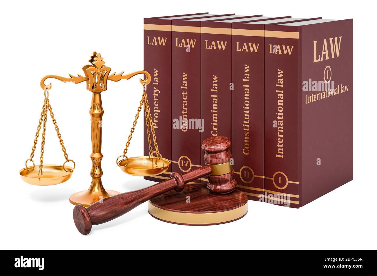 Scales of Justice with Wooden Gavel and Law Books, 3D rendering ...