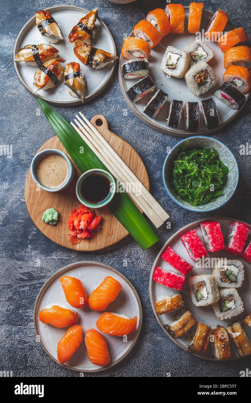 Sushi and rolls sets. Japonese food. top view Stock Photo - Alamy