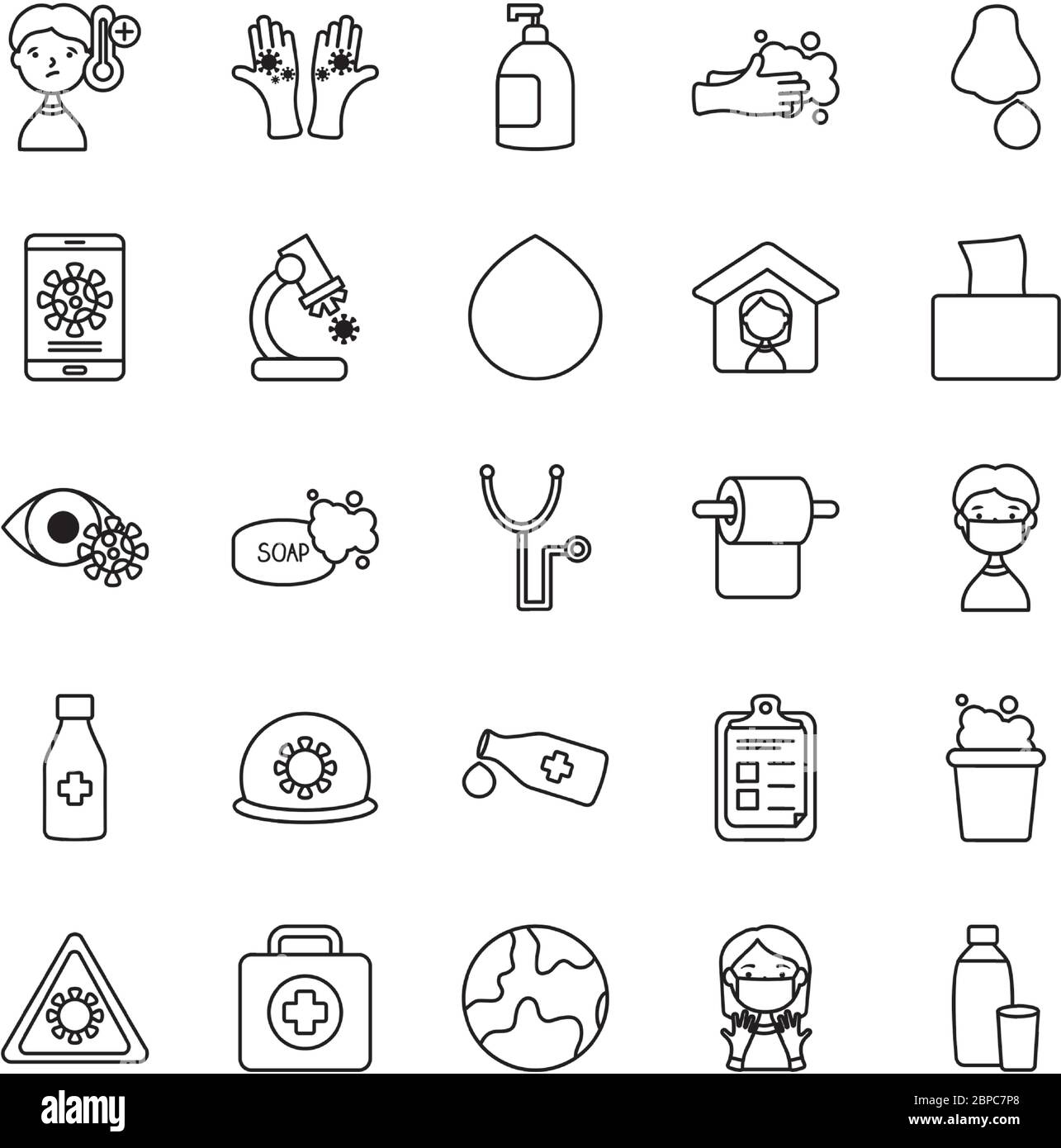 toilet paper, virus and medicine icon set over white background, line ...