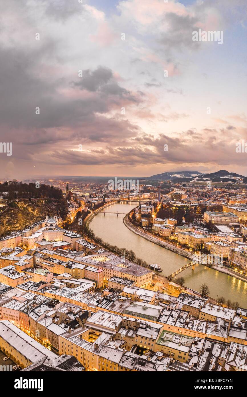 Aerial drone view of north Salzburg and mirabelle park by Salzach river ...