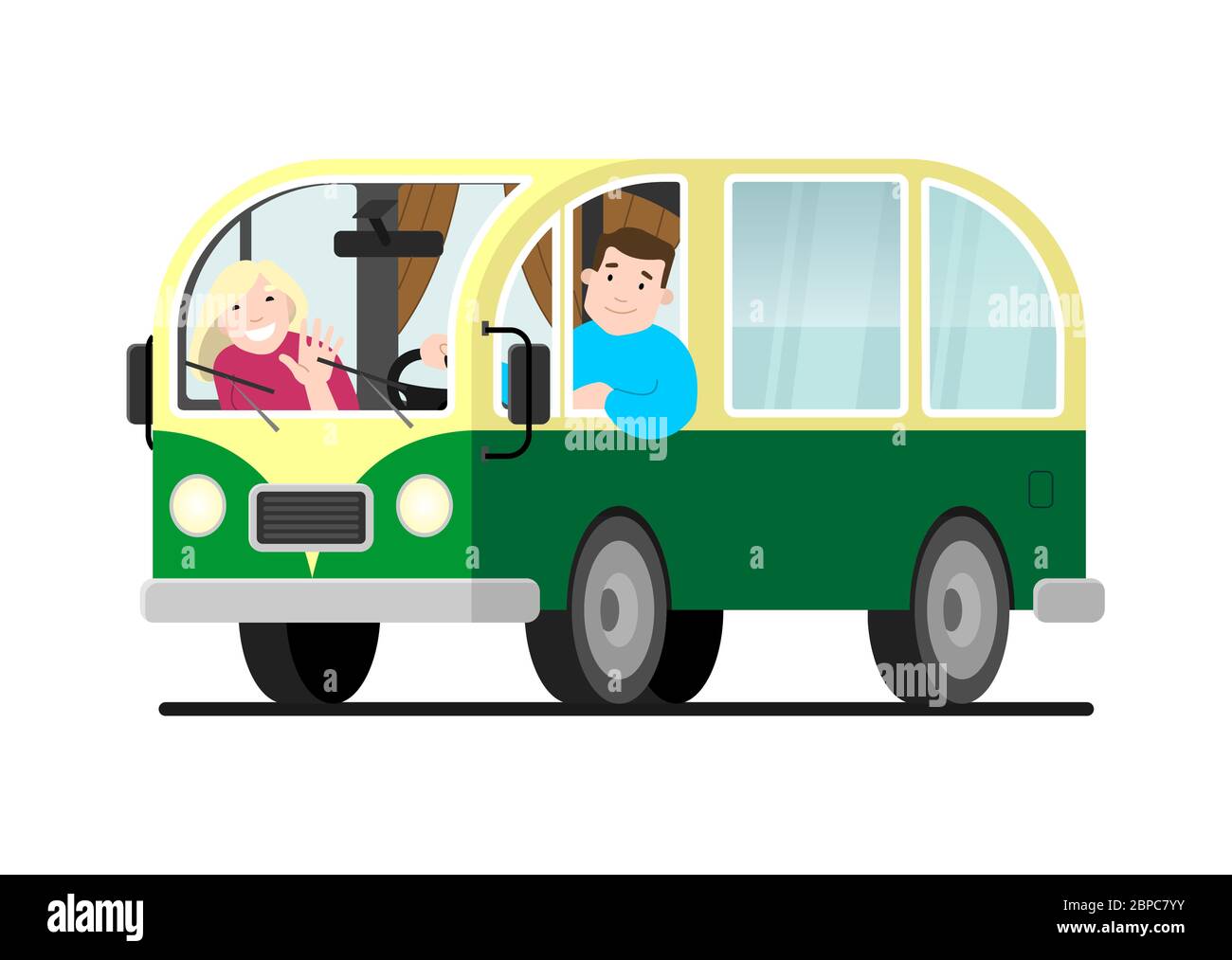 Family travel on a minivan; a man drives a car, a woman waves her hand ...