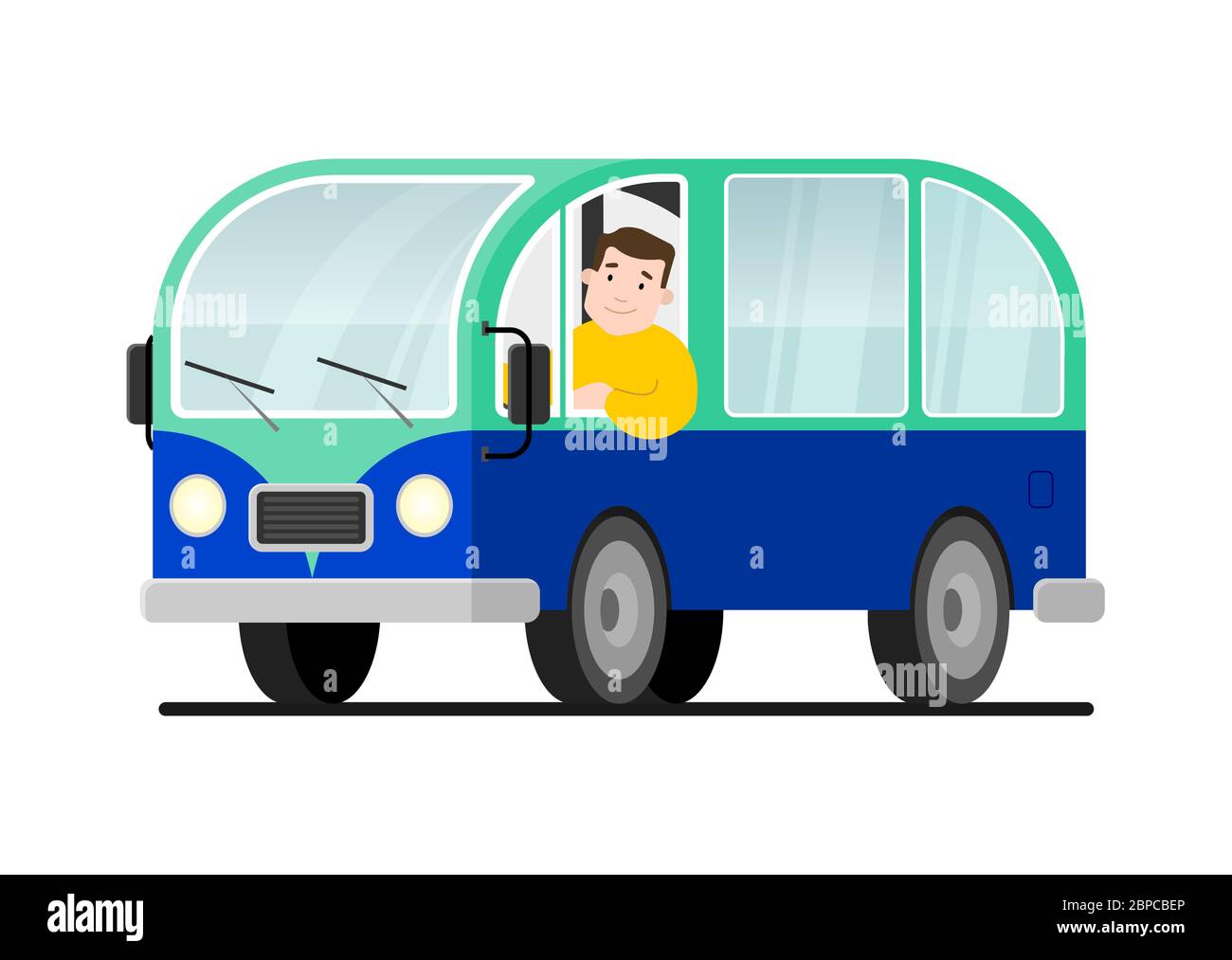 Minivan travel a man drives a car. Happy cartoon man in a retro minivan ...