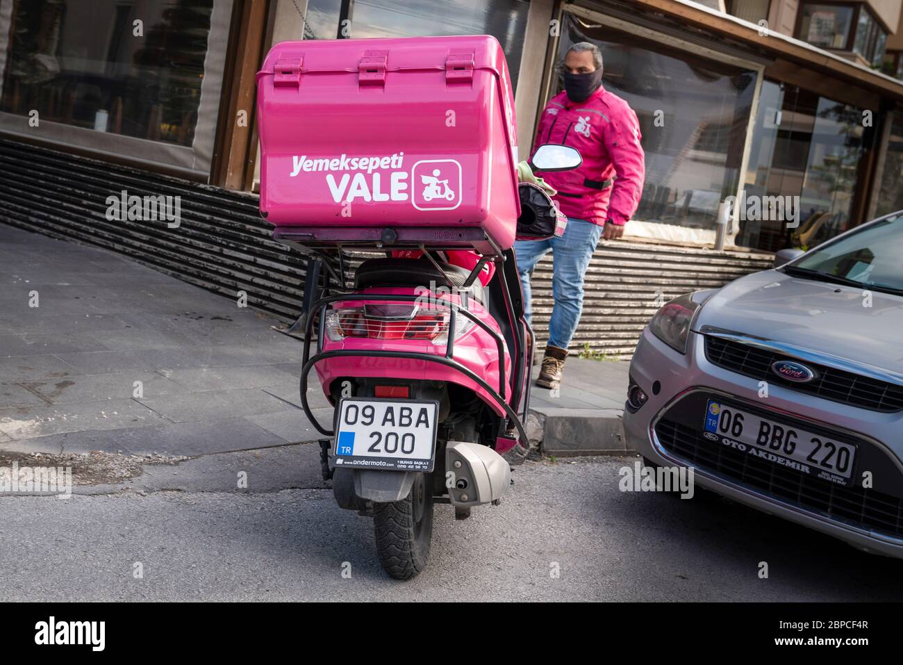 Ankara / Turkey - May 04 2020: Close up view of food delivery motorbike ...