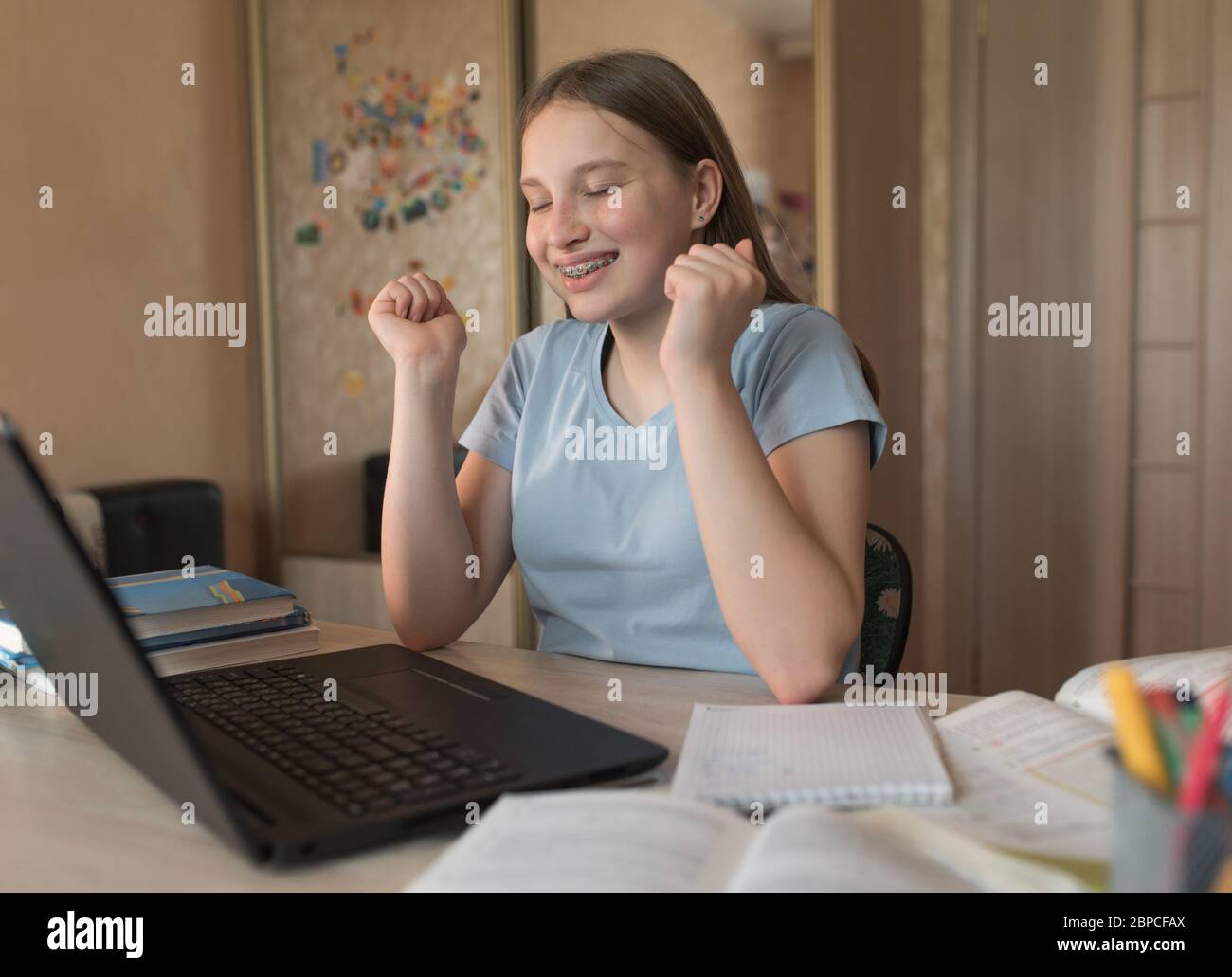 happy teenager girl smiles, joyful laughs good luck and win, successful ...