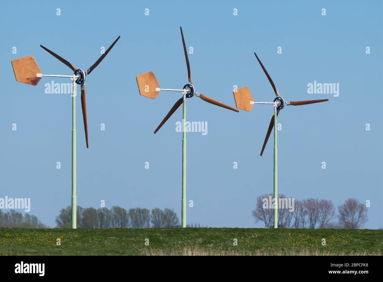 Groningen, the Netherlands - April 29 2020: Small wind turbines with ...