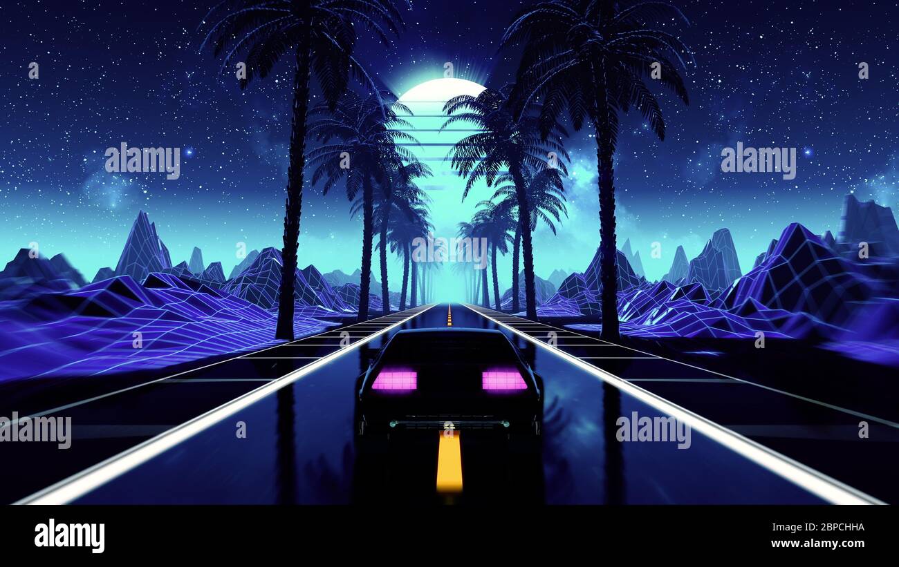 80s retro futuristic sci-fi seamless loop. VJ landscape with vintage ...