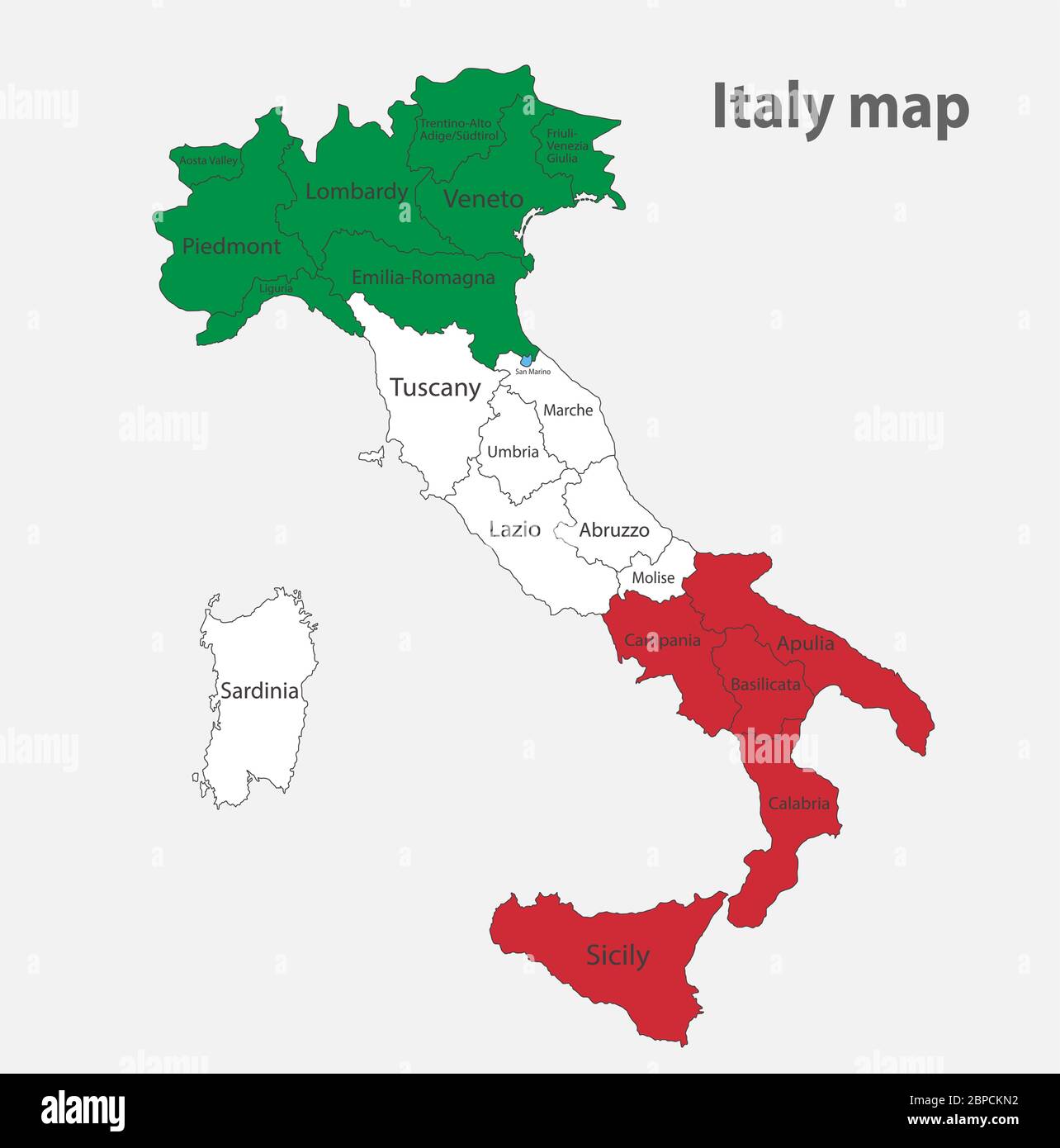 Map of the Italy in the colors of the flag with administrative ...