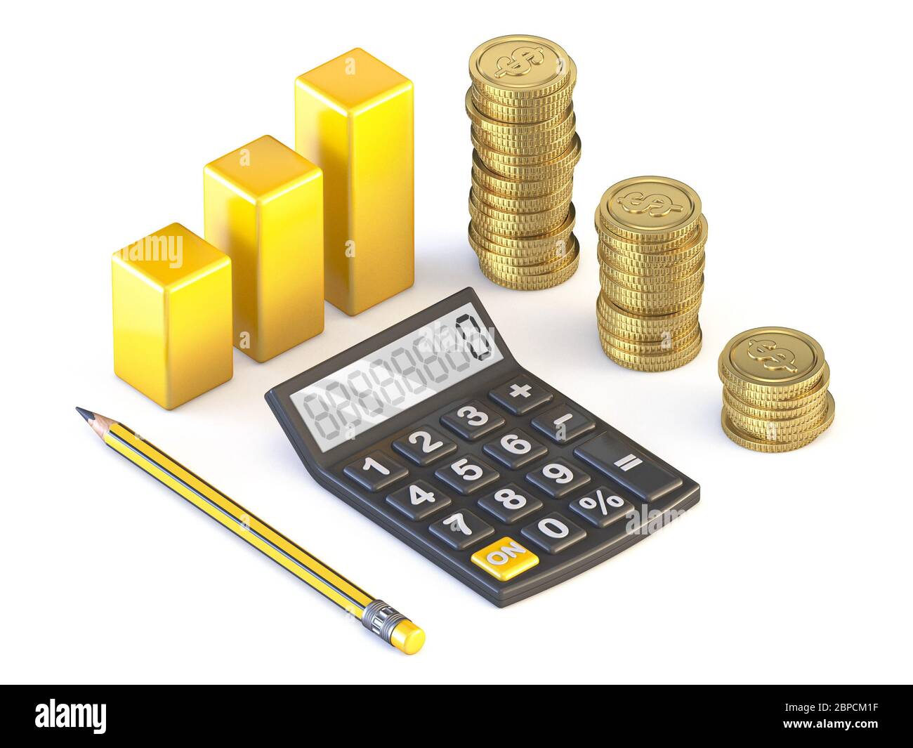 Budget concept finance graph, calculator, golden coins and pencil 3D ...