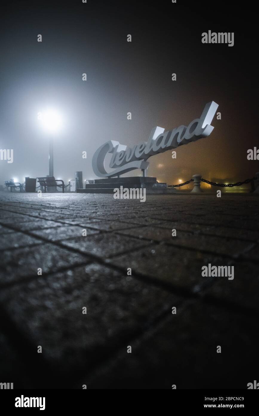Cleveland Script Sign during heavy Fog Stock Photo - Alamy
