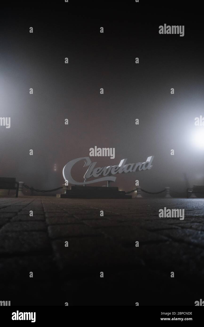 Cleveland Script Sign during heavy Fog Stock Photo - Alamy