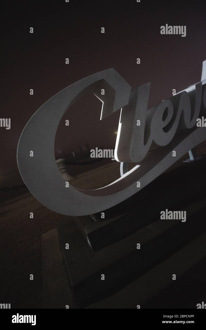 Cleveland Script Sign during heavy Fog Stock Photo - Alamy