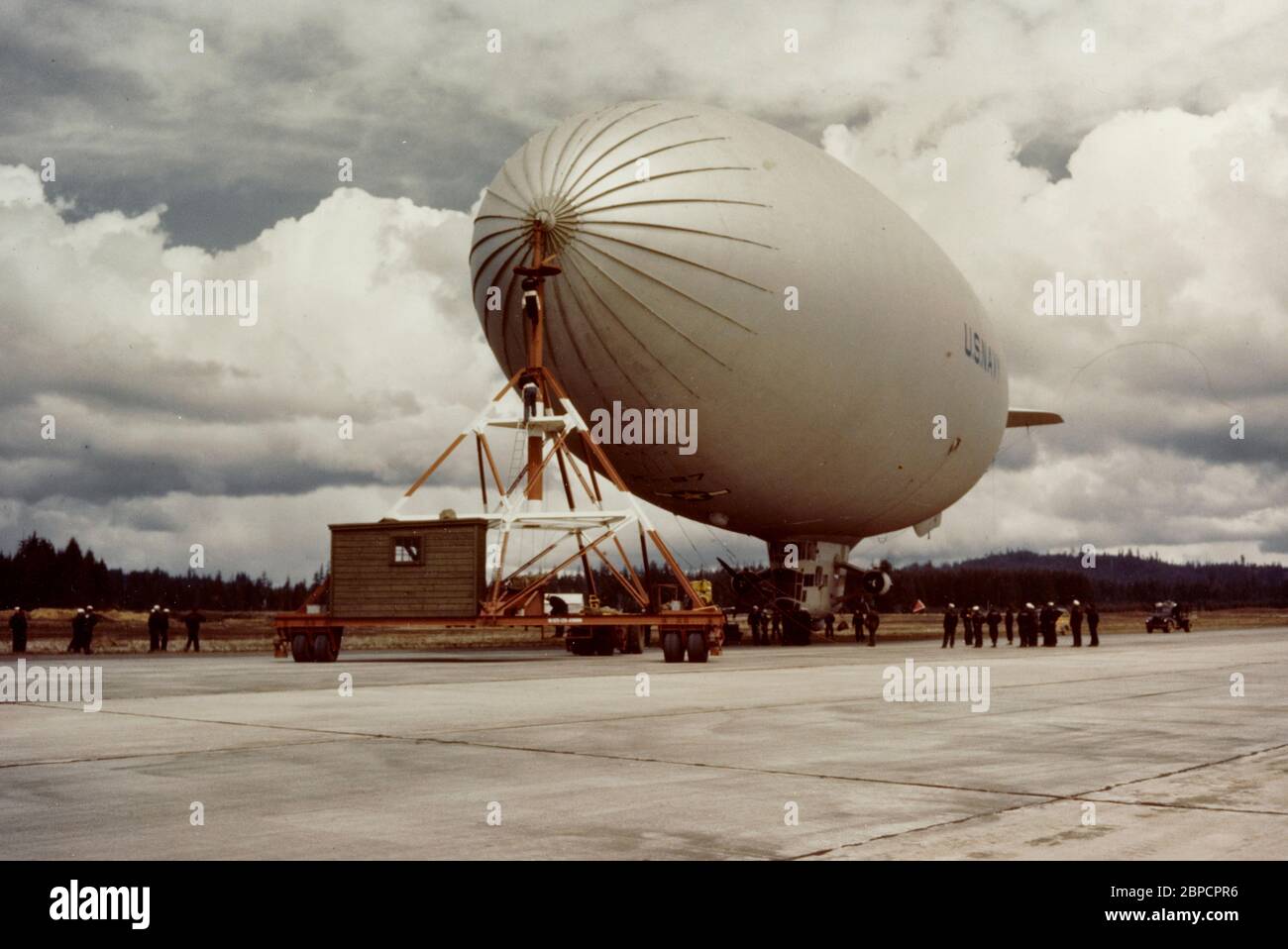 U.S. Navy Blimp K-87 attached to a mobile mooring mast at NAAS ...